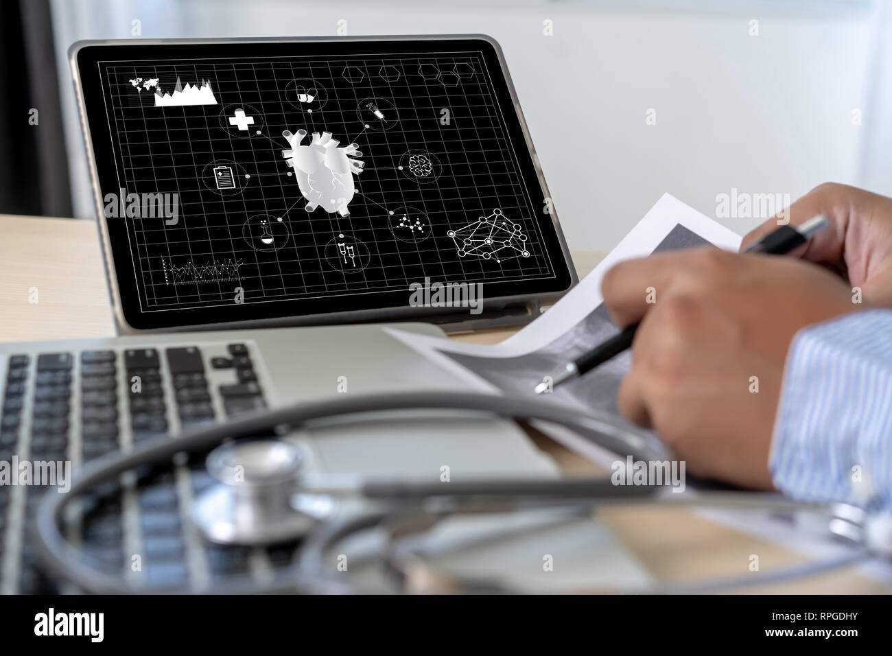 Health care writing prescription Doctor working modern virtual screen ...
