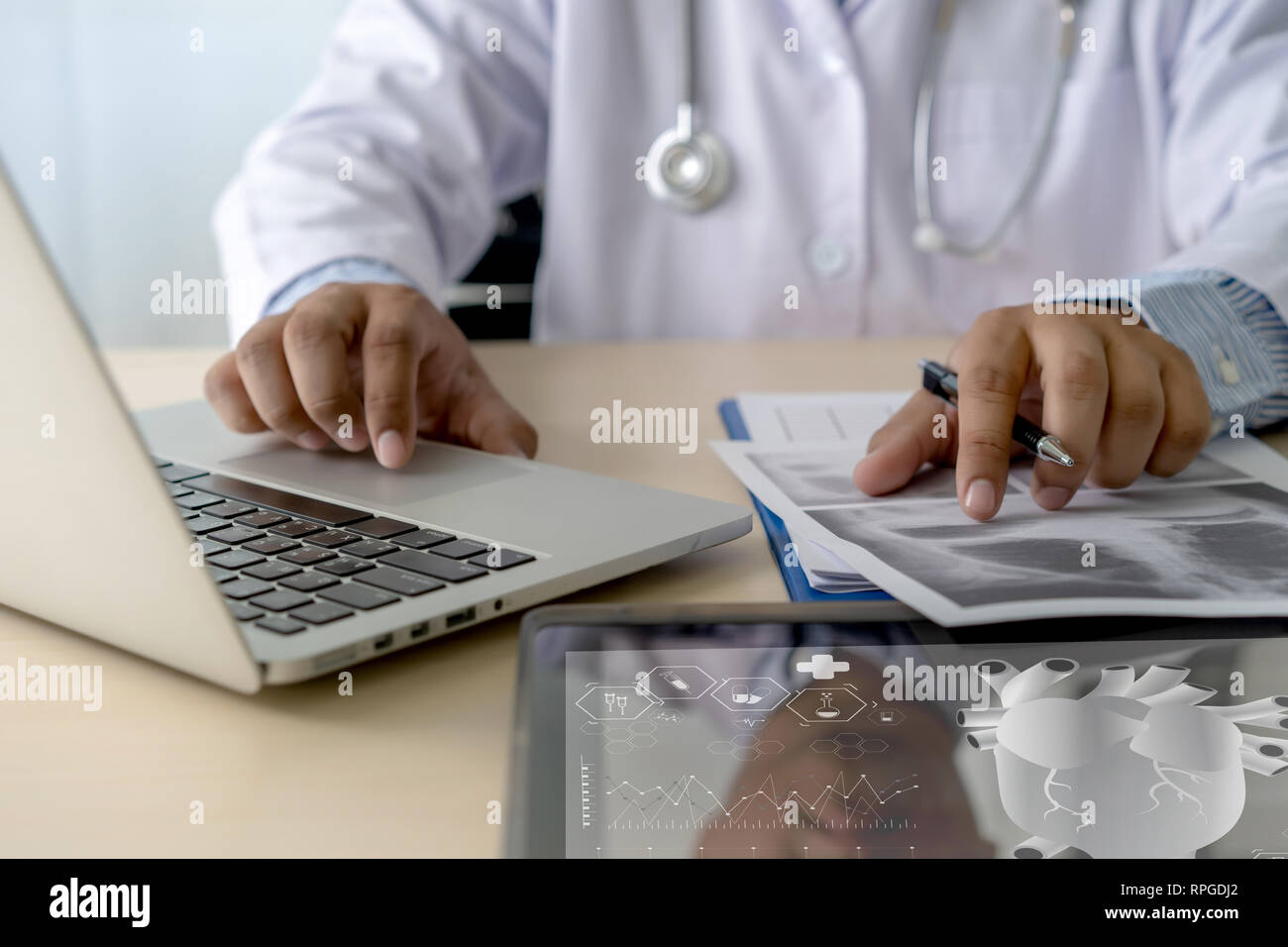 Health care writing prescription Doctor working modern virtual screen ...