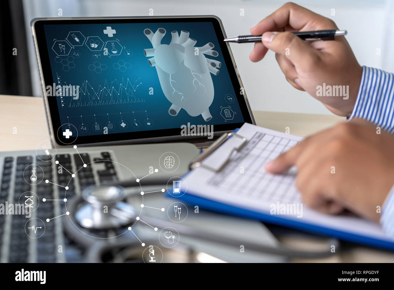 Health care writing prescription Doctor working modern virtual screen ...