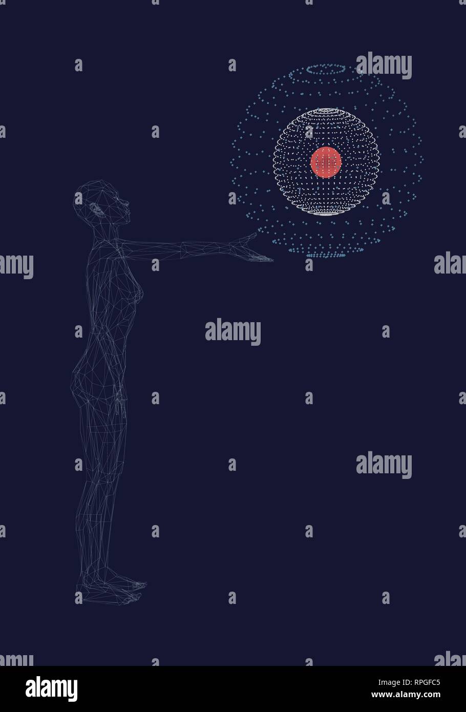 polygonal person holds a projection in the form of a sphere consisting ...