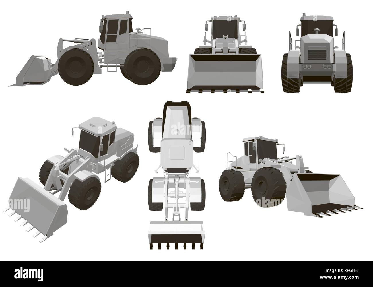 Set with a bulldozer 6 polygonal bulldozers at different angles ...
