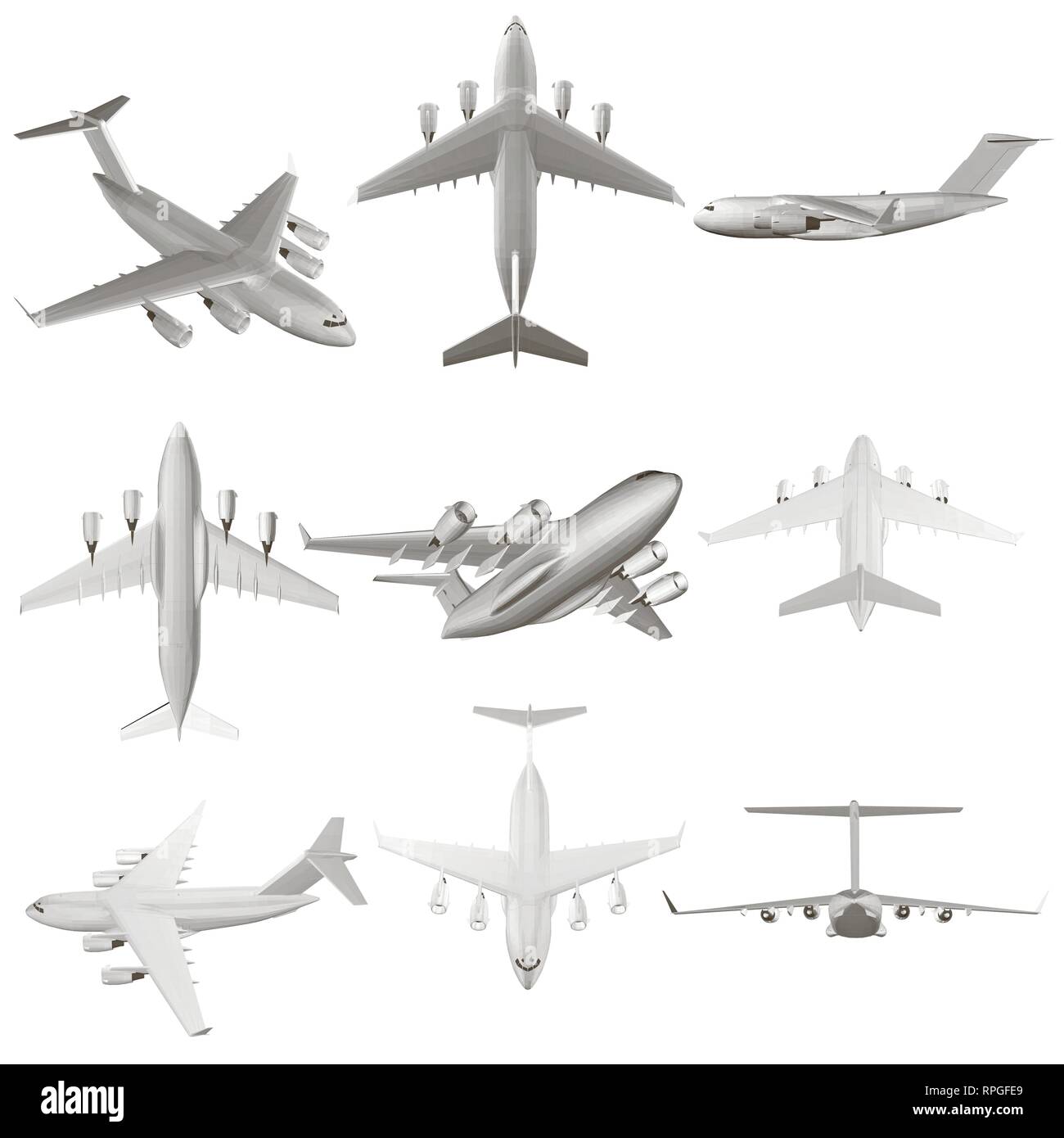 Set with nine planes at different angles. High detailed white airplane ...
