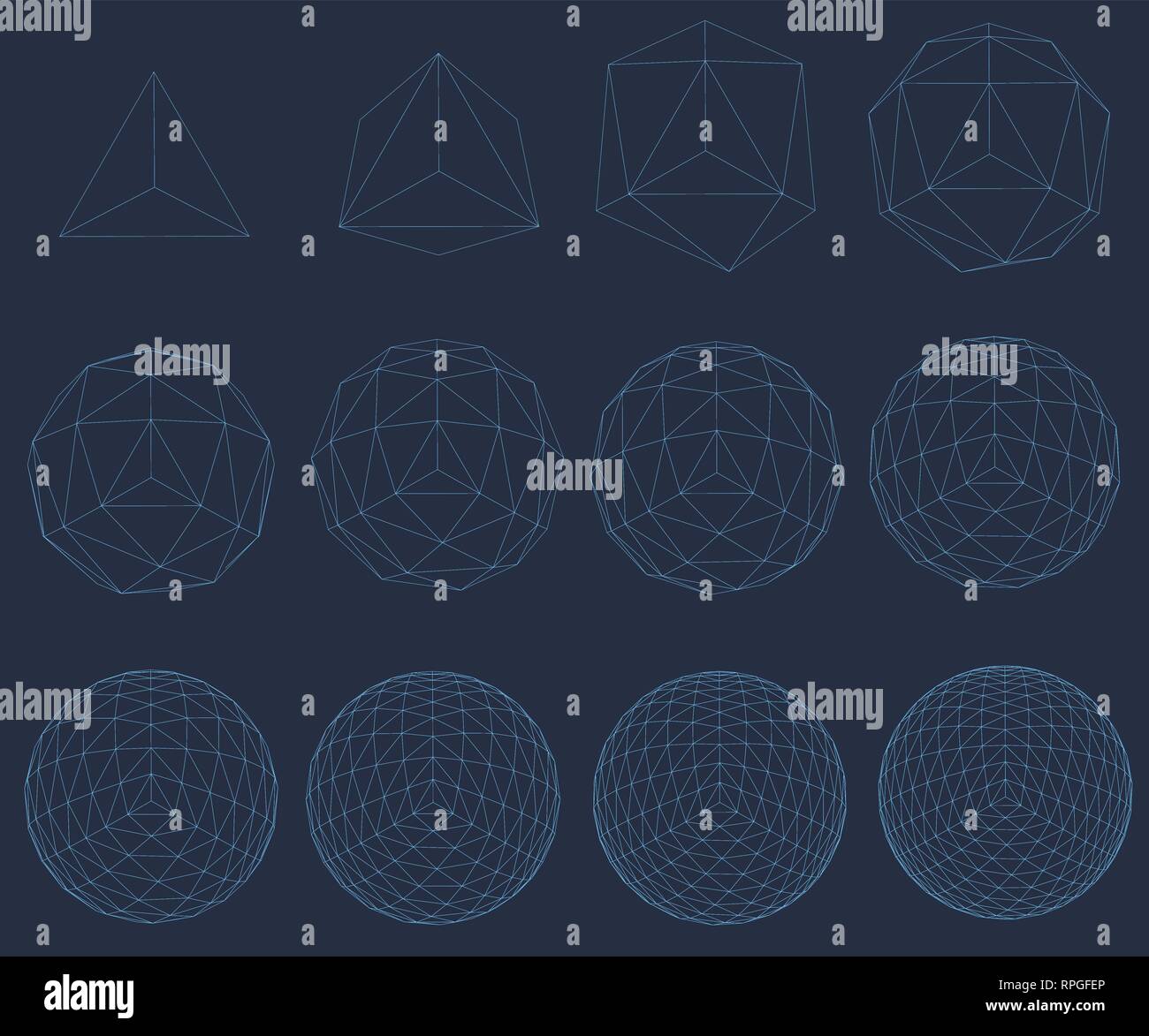 set with wireframe of geometric figures, a sequence of complications of ...