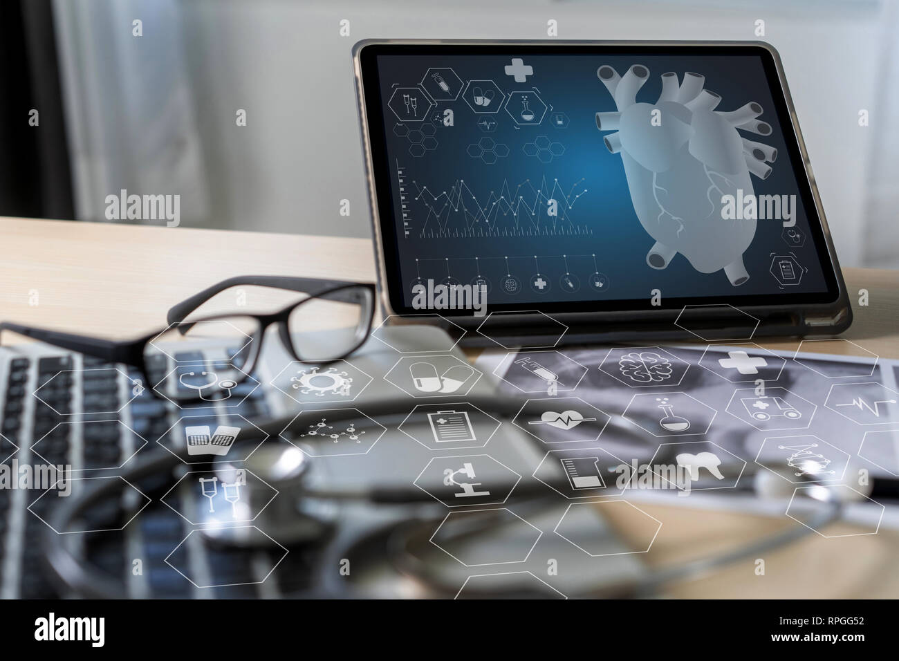 Health care writing prescription Doctor working modern virtual screen ...