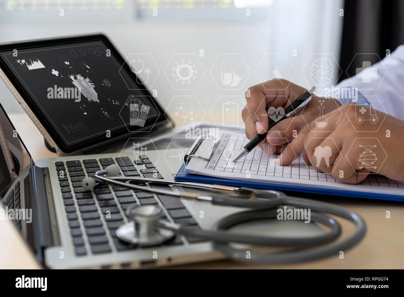 Health care writing prescription Doctor working modern virtual screen ...