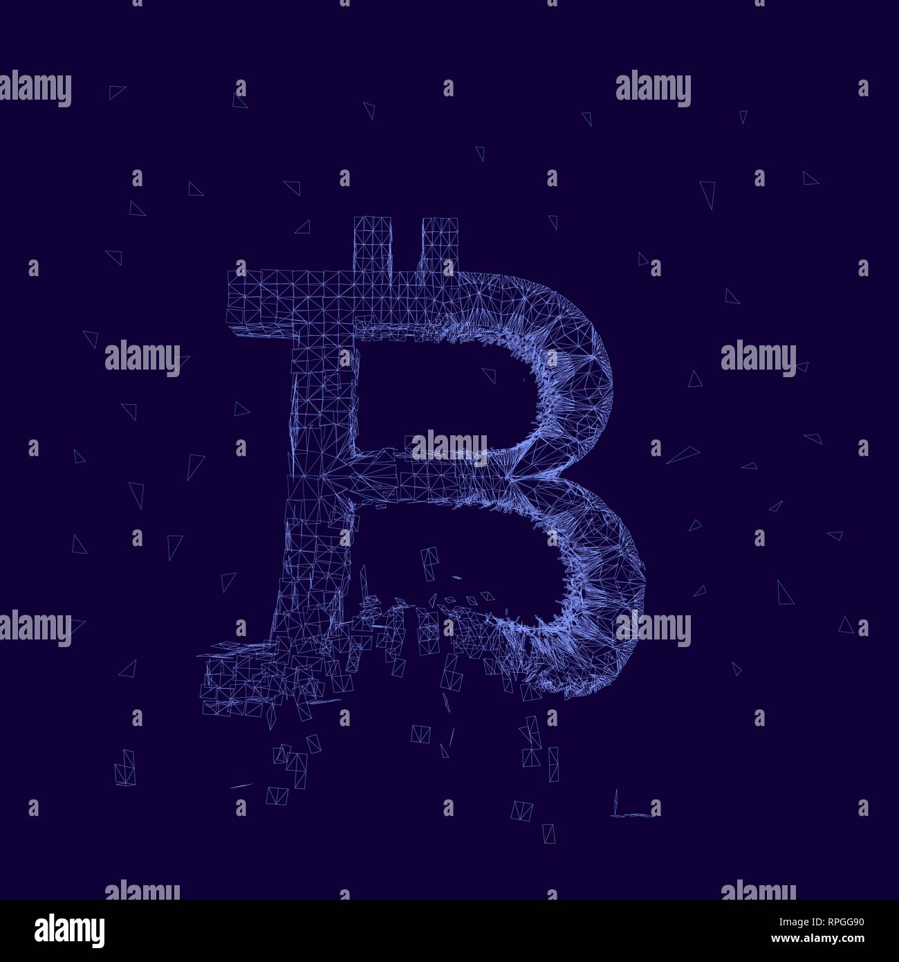 Bitcoin sign wireframe is destroyed into small pieces. 3D. Vector ...