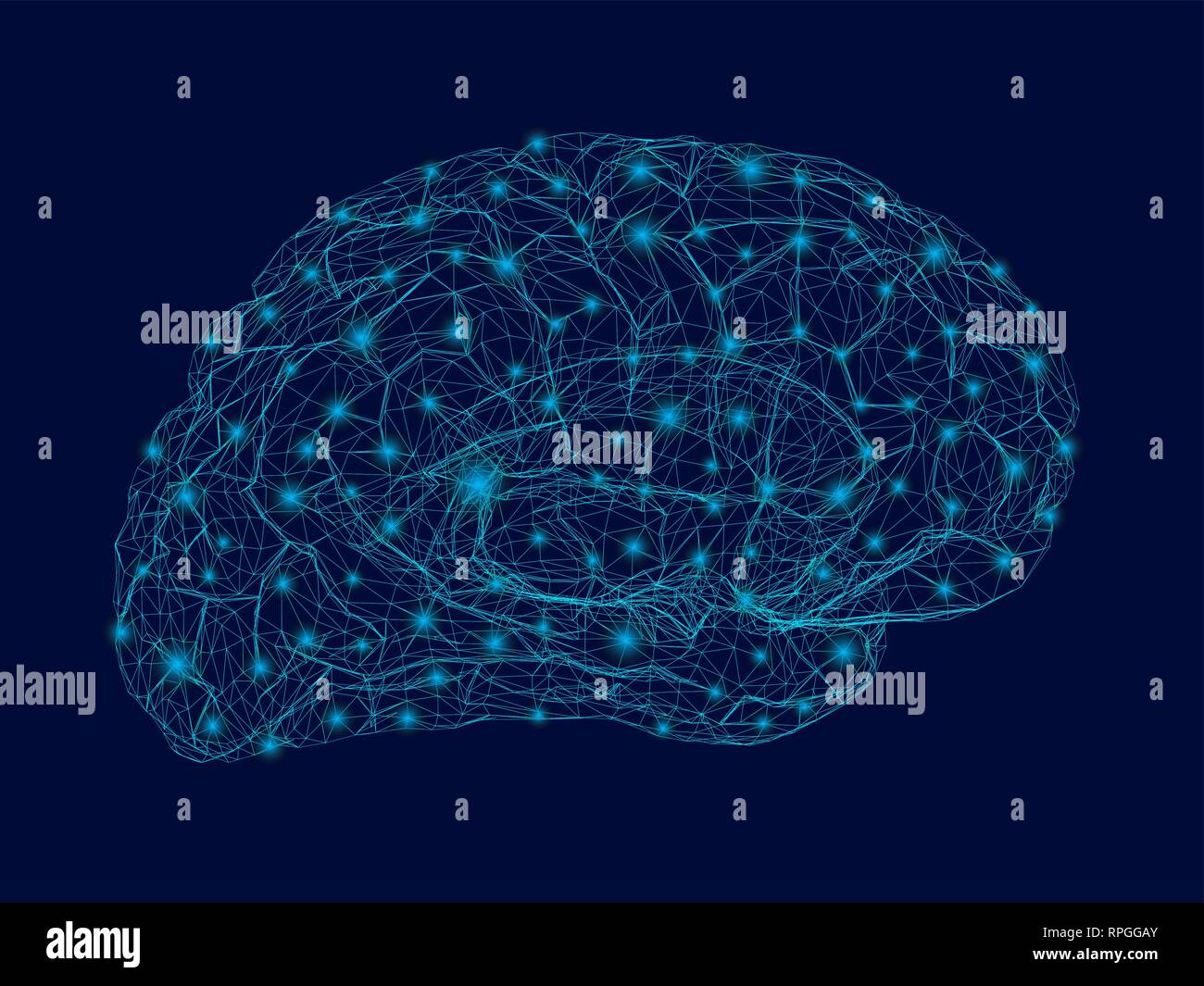 Wireframe of the human brain with glowing lights. Polygonal human brain ...