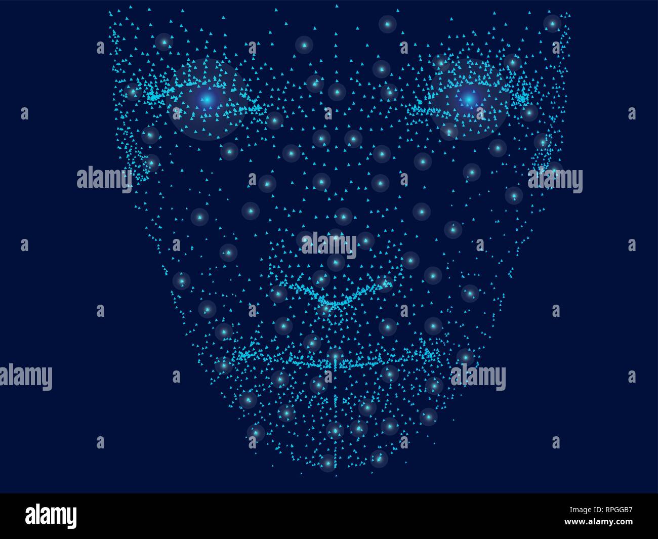 Abstract face of a person from points. Glowing lights on the face ...