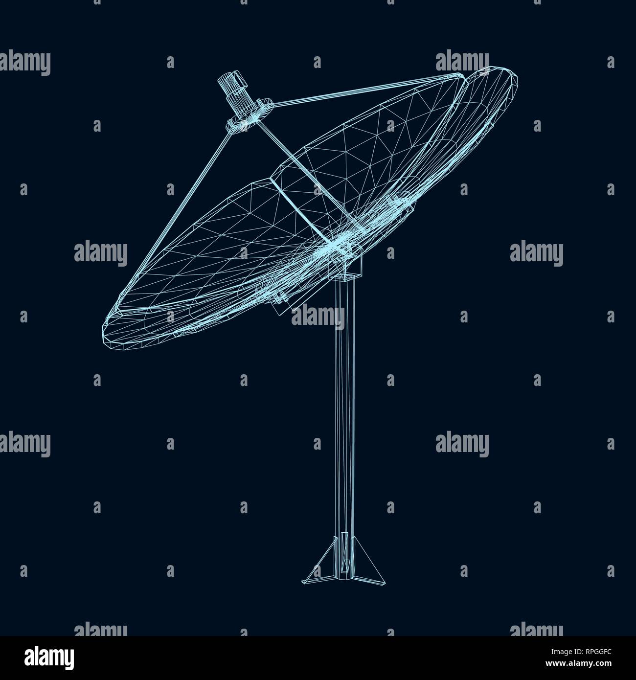 Wireframe satellite dish 3D vector. Polygonal satellite dish of blue ...