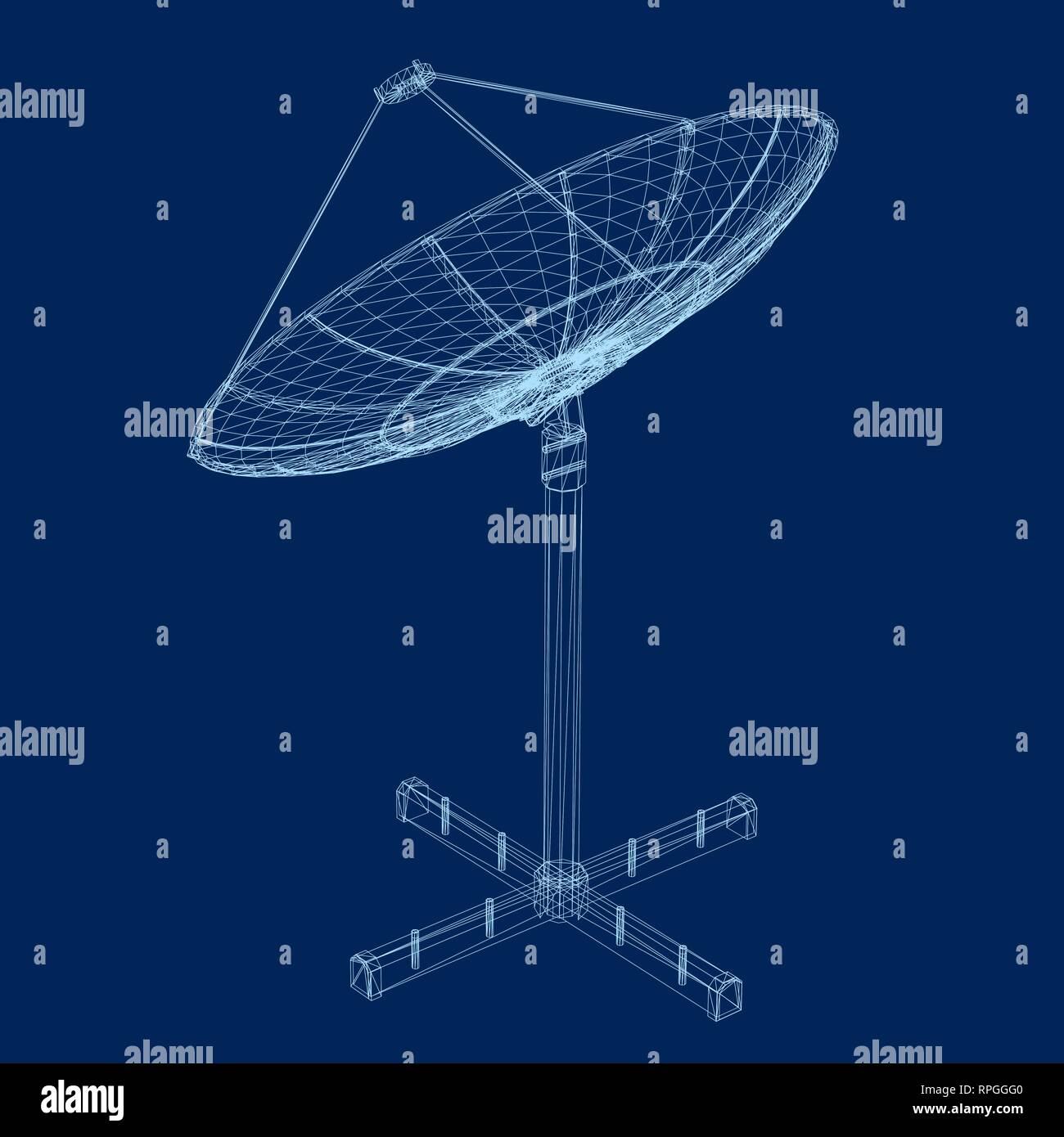 Wireframe satellite dish 3D vector. Polygonal satellite dish of blue ...