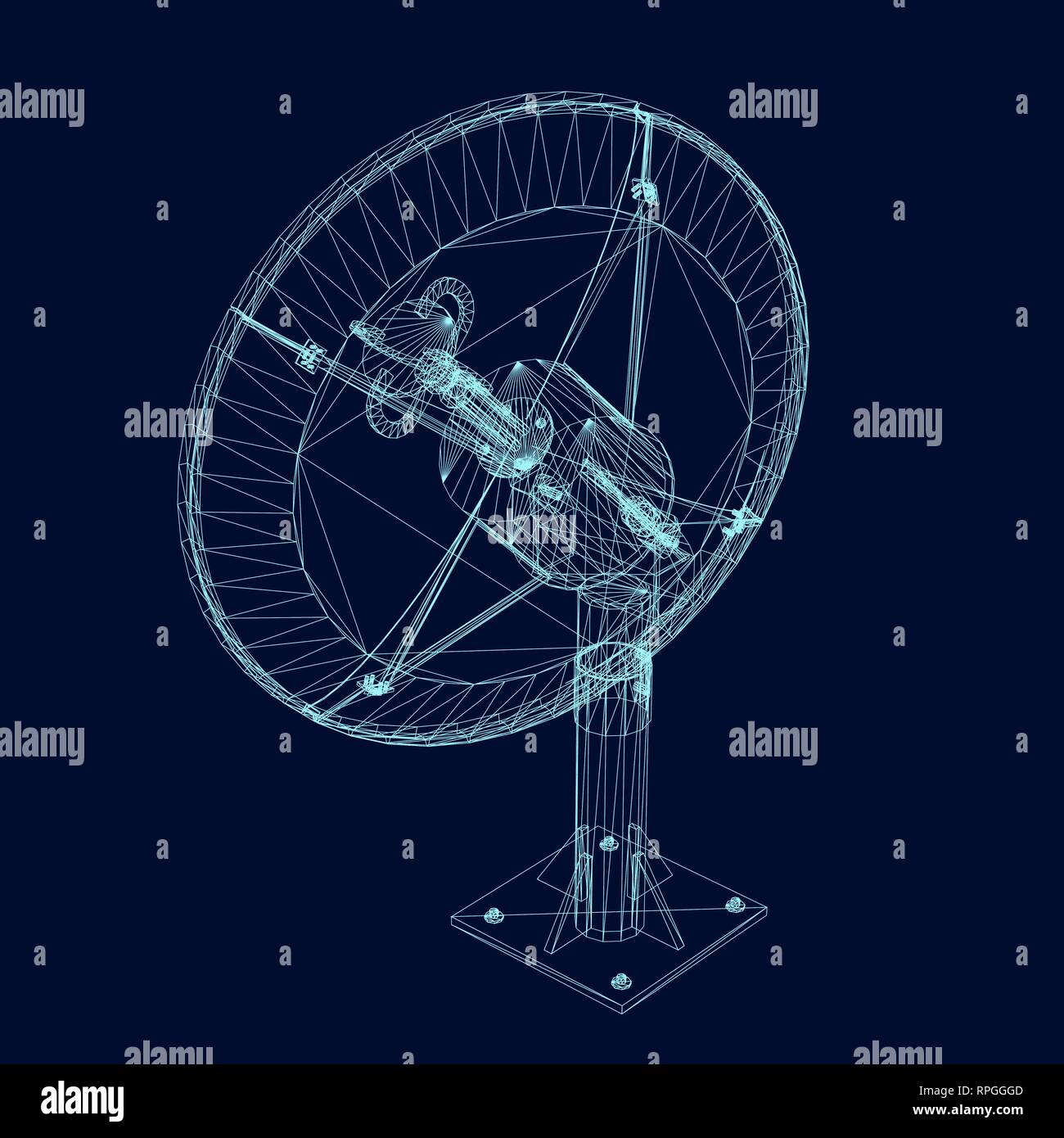 Wireframe satellite dish 3D vector. Polygonal satellite dish of blue ...