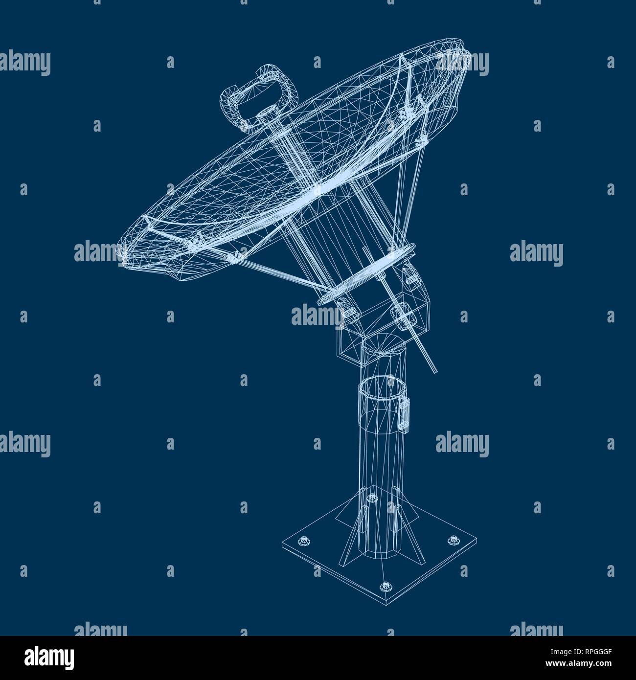 Wireframe satellite dish 3D vector. Polygonal satellite dish of blue ...