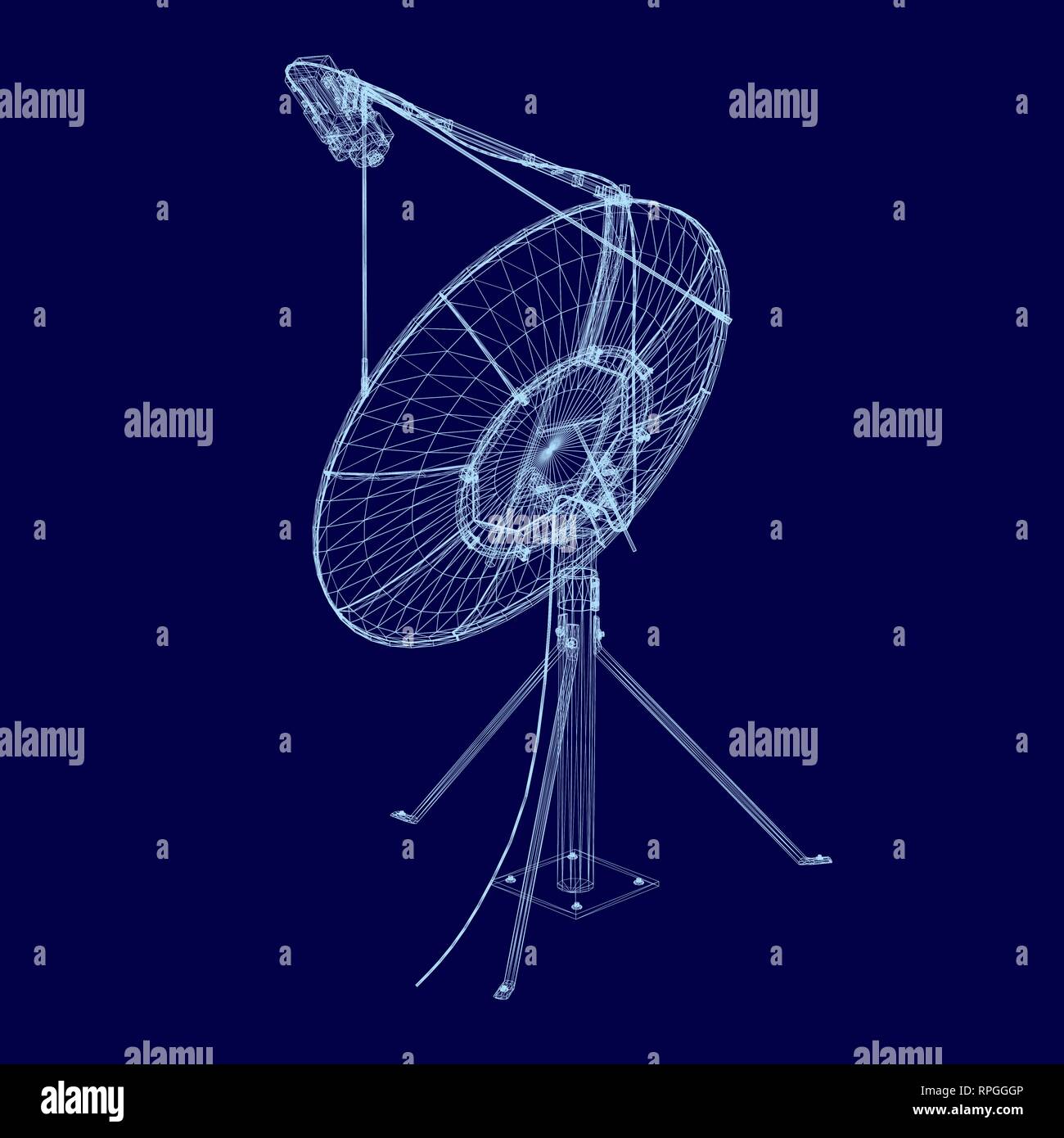 Wireframe satellite dish 3D vector. Polygonal satellite dish of blue ...