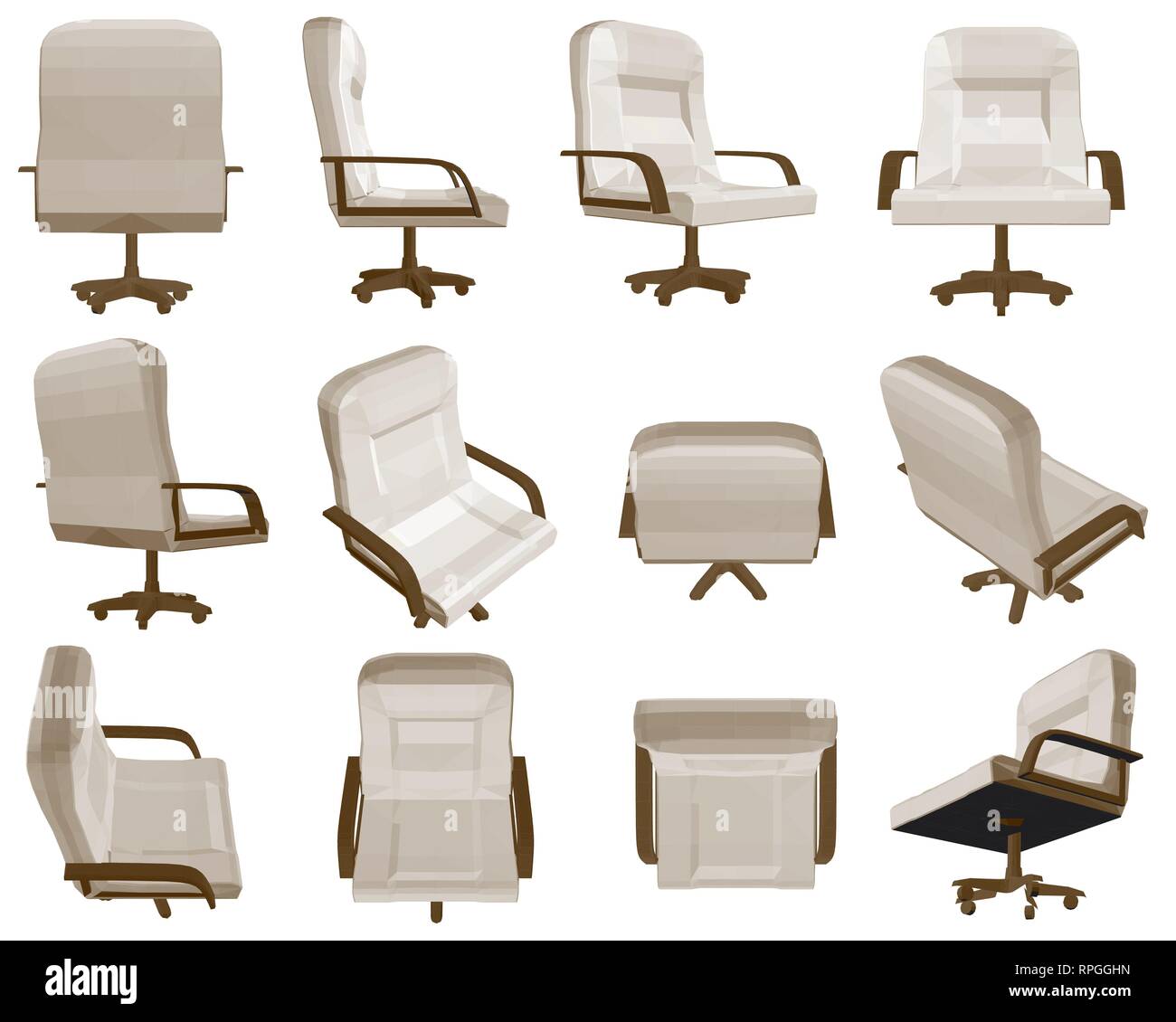 Set with an office chair in different positions. 3D. Polygonal armchair ...
