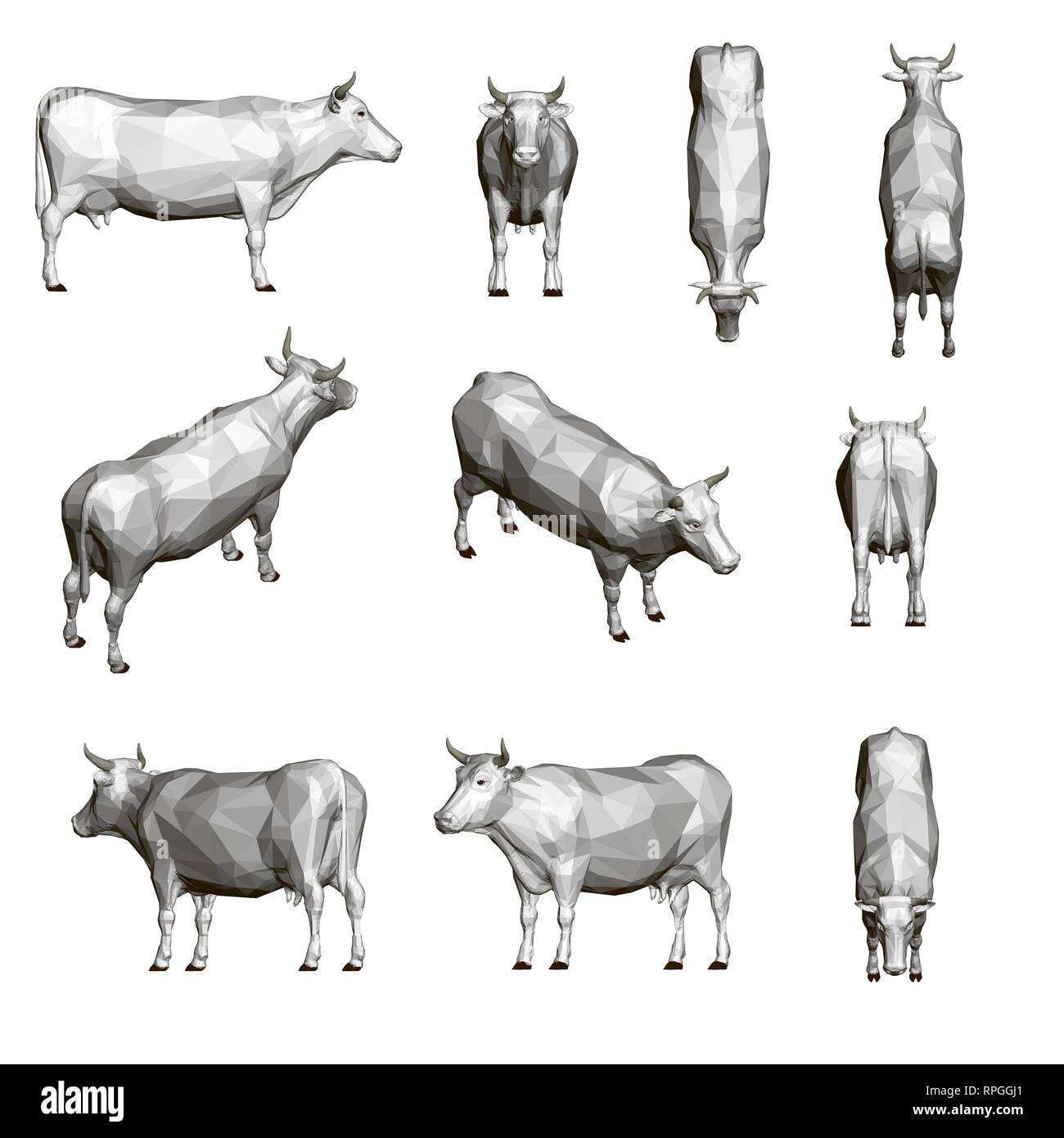 Set with a cow. Polygonal cow at different angles. Large set with a ...