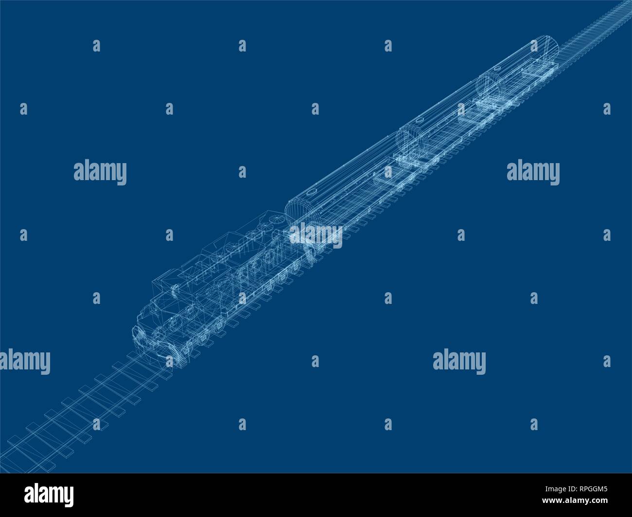 Train on rails with tanks. Train wireframe of blue lines on a dark ...