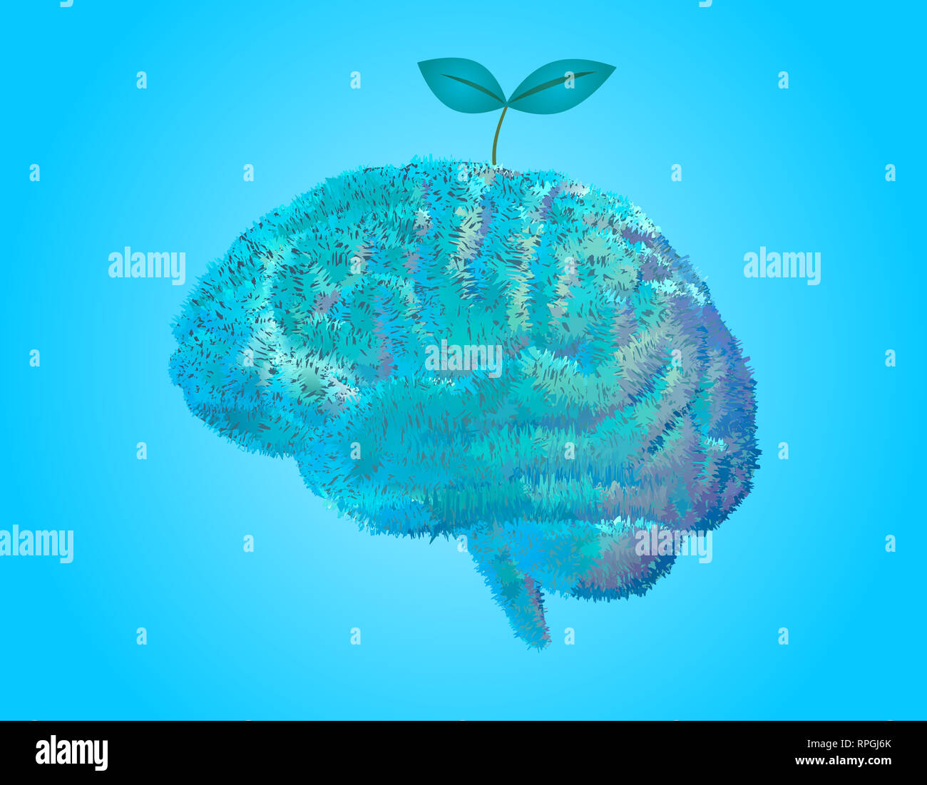Furry grass and leaves plant grow on brain illustration on bright blue ...