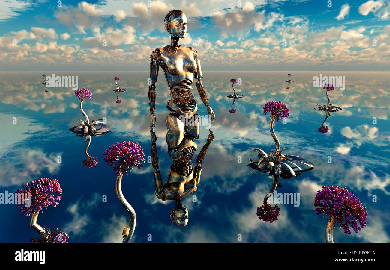 Robotic Android Walking Through Its Garden Stock Photo - Alamy