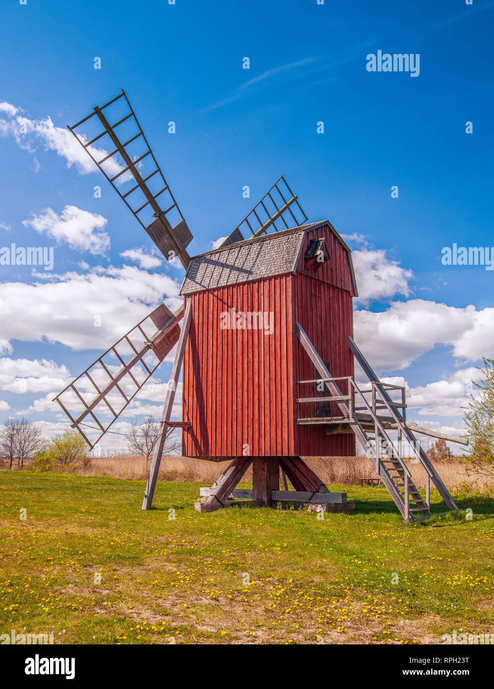 An old red windmill, the symbol of Oland Island. May 1, 2014. Sweden ...