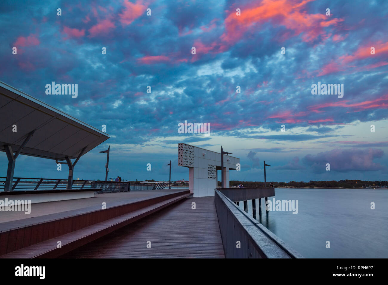 Viewing platform over Nerang River at Southport at sunset. Gold Coast ...