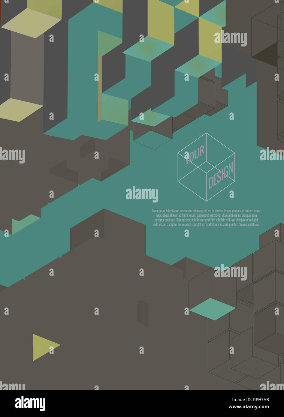 Abstract gray isometric geometric cube graphic template on turquoise ...