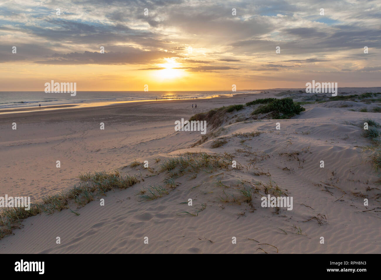 People silhouettes on Birubi beach at sunset. Anna Bay, New South Wales ...