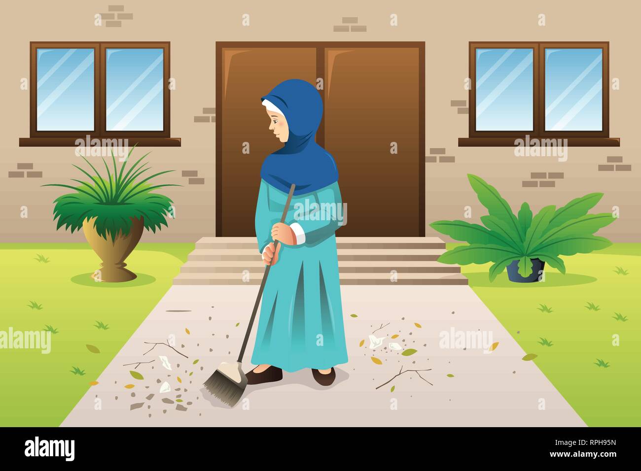 A vector illustration of Muslim Woman Sweeping the Trash Stock Vector ...