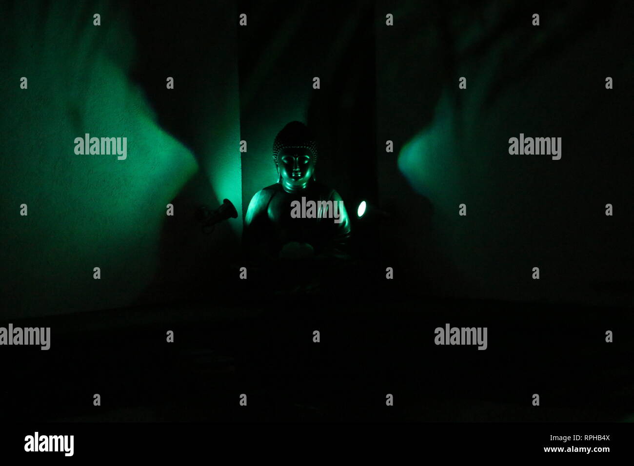 Buda in the night iluminated by two Green lights Stock Photo - Alamy
