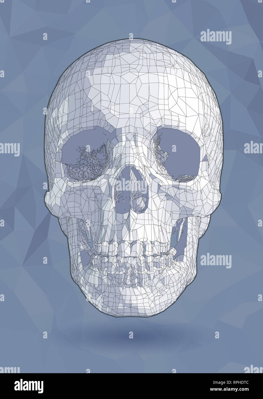 Stylized skull drawing with wireframe edge on blue polygonal background ...