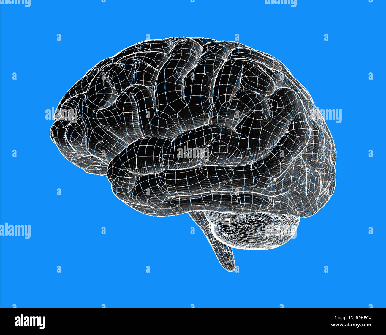 Negative brain drawing side view with wireframe illustration on blue ...