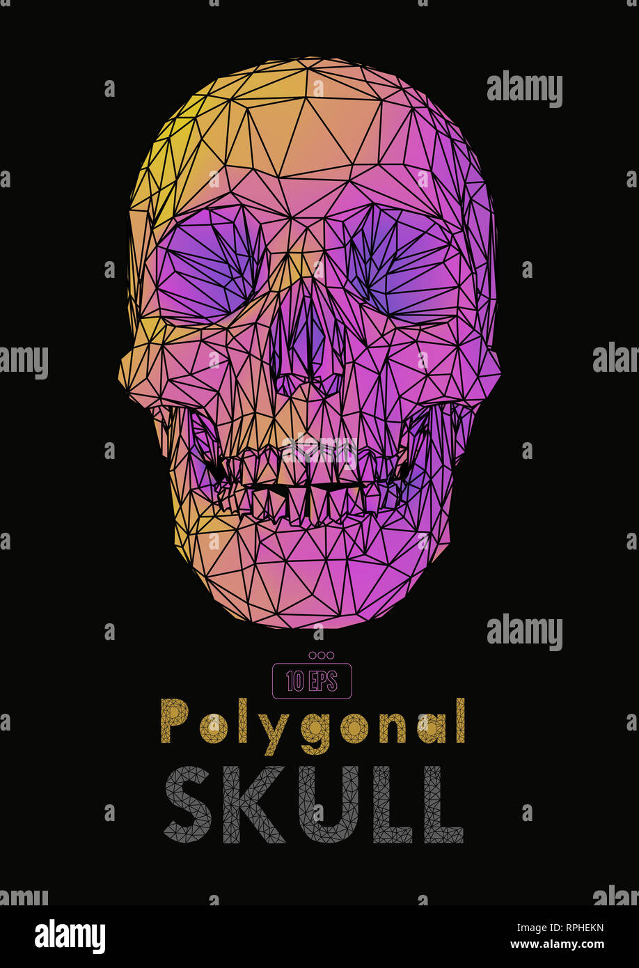 Low poly vector skull front view in yellow and purple color with dark ...