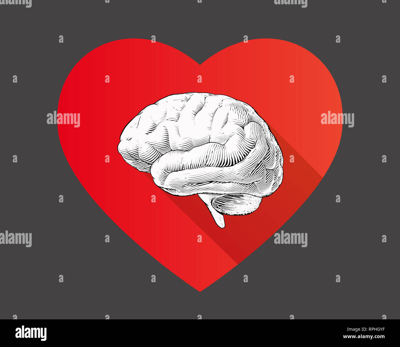 Monochrome engraving brain illustration in side view isolated on heart ...