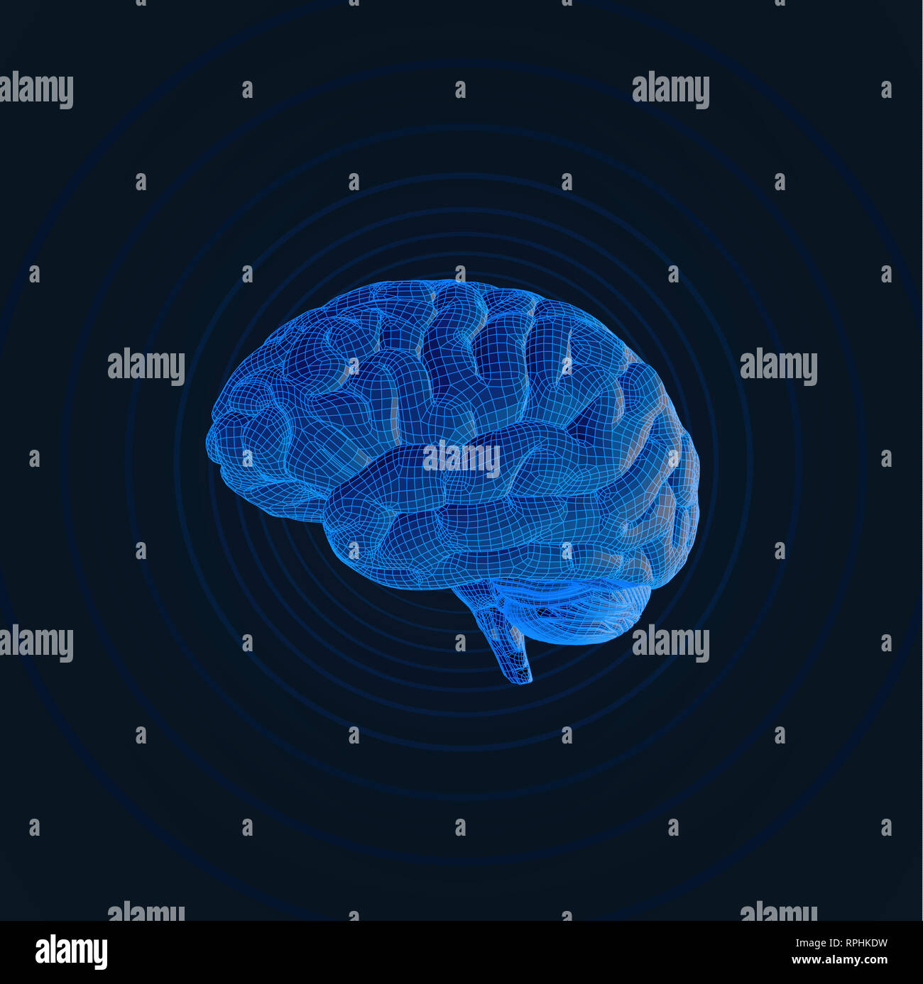 Blue 3D wireframe polygonal brain side view graphic illustration on ...