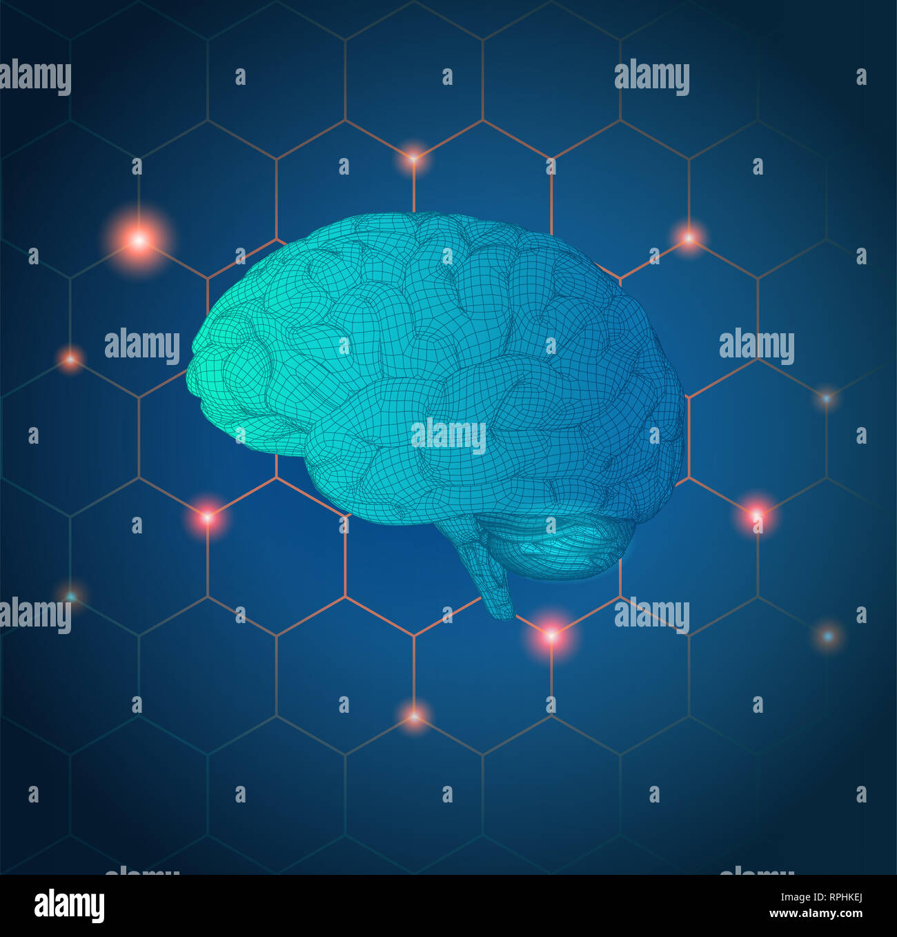 3D wireframe brain illustration lateral side view with hexagon ...