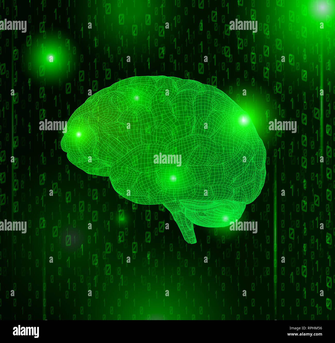 Green 3d wireframe polygonal brain graphic illustration on binary ...
