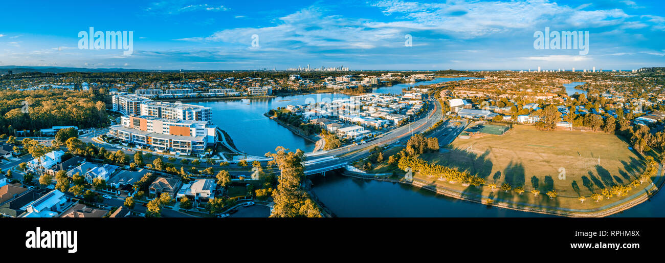 Aerial panorama of Varsity Lakes at sunset. Gold Coast, Queensland ...