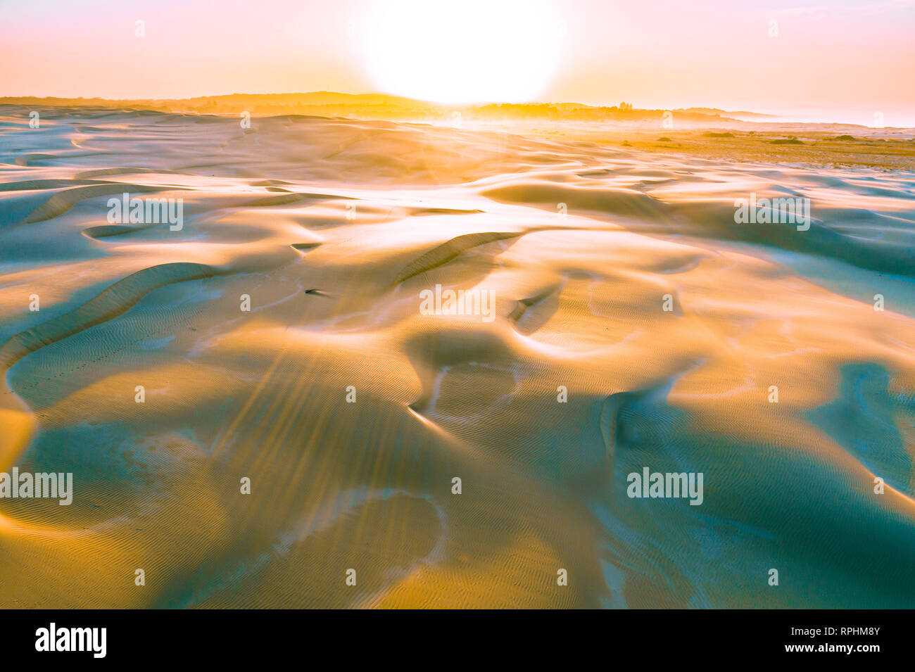 Famous Anna Bay sand dunes at sunrise - aerial view. New South Wales ...