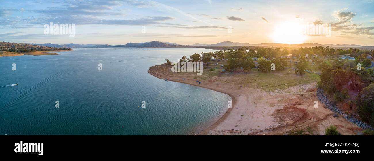 Aerial panorama of scenic lake and hills in Australia at sunset Stock ...
