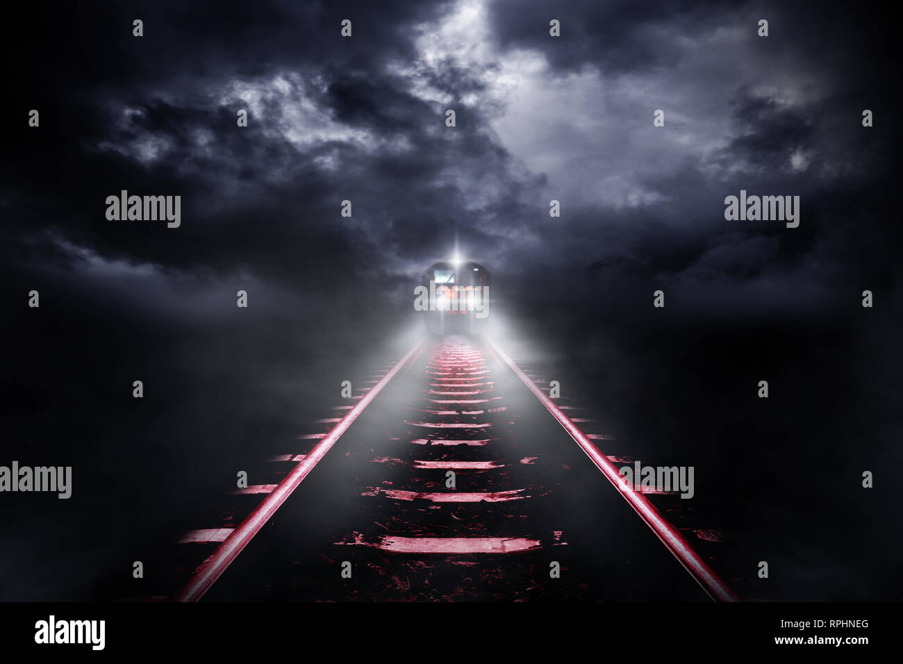 Old trains run through at night on sky cloud storm background Stock ...