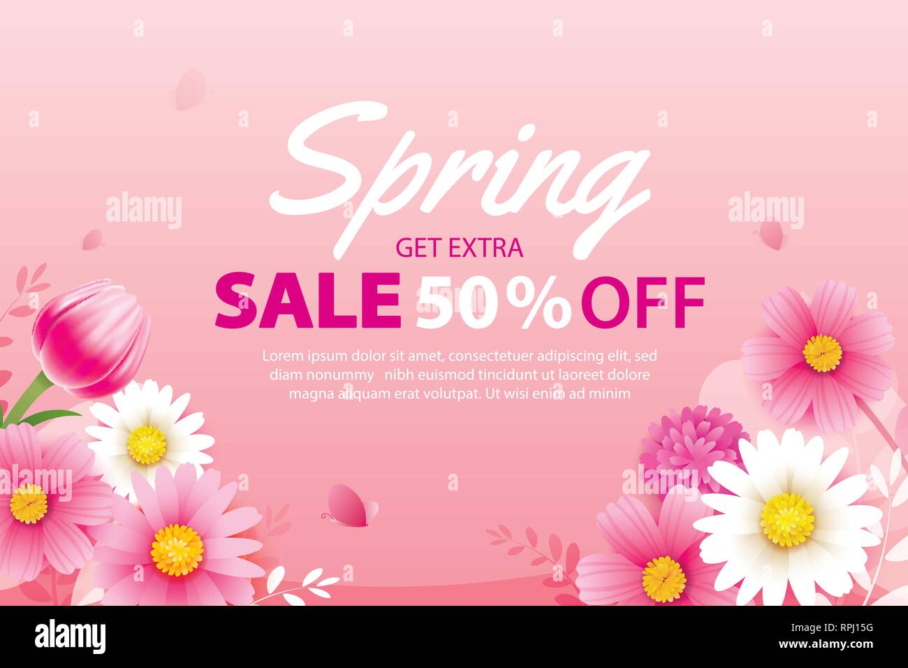 Spring sale banner with blooming flowers background template. Design ...