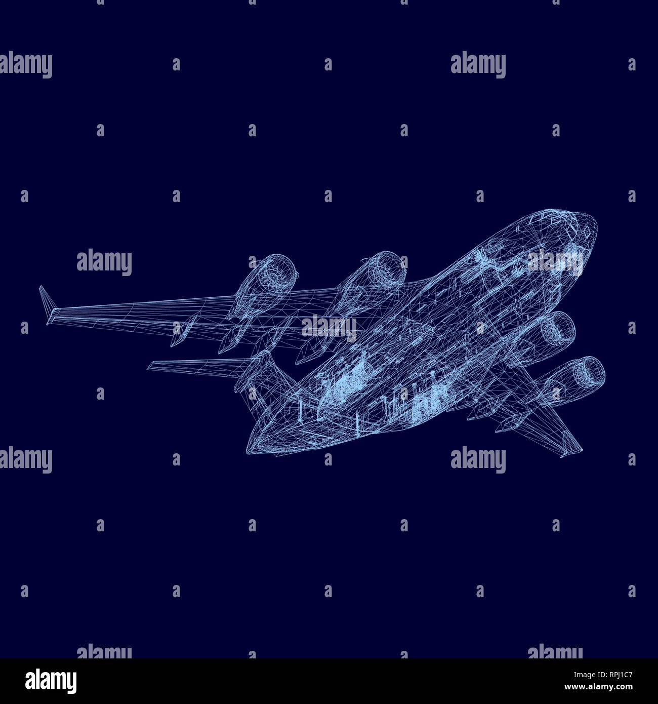 Wireframe of the aircraft. Bottom view. 3D. Polygonal plane of the blue ...