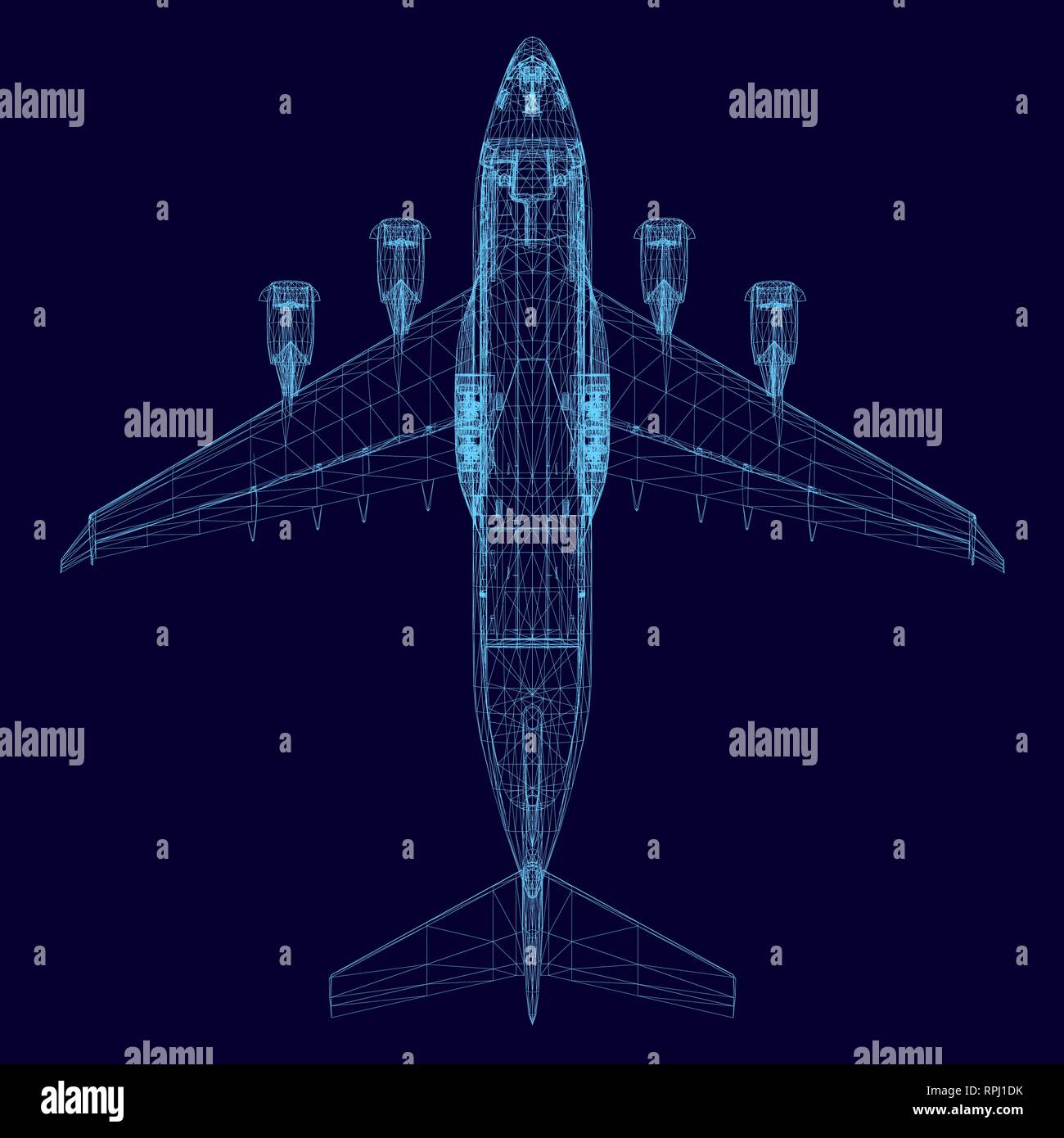 Wireframe of the aircraft from the blue lines. Polygonal plane. View ...