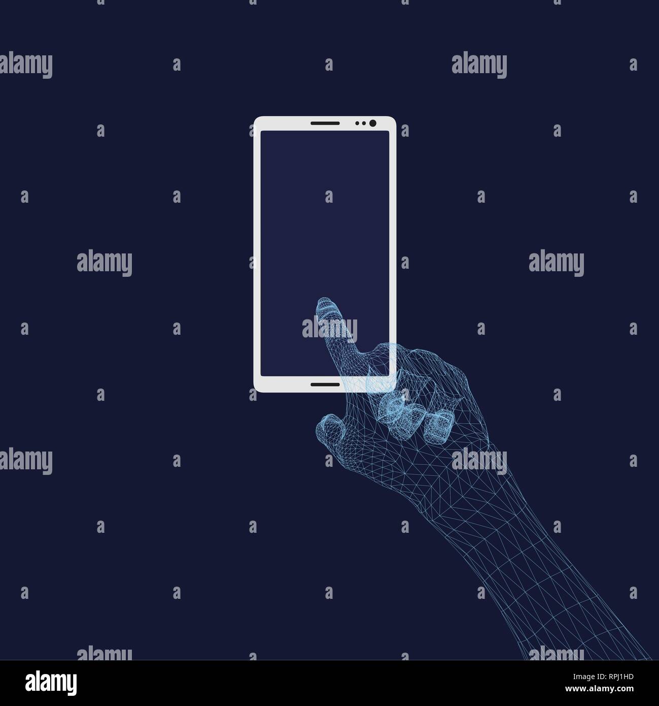 Abstract background with man hand tapping the screen of the phone ...