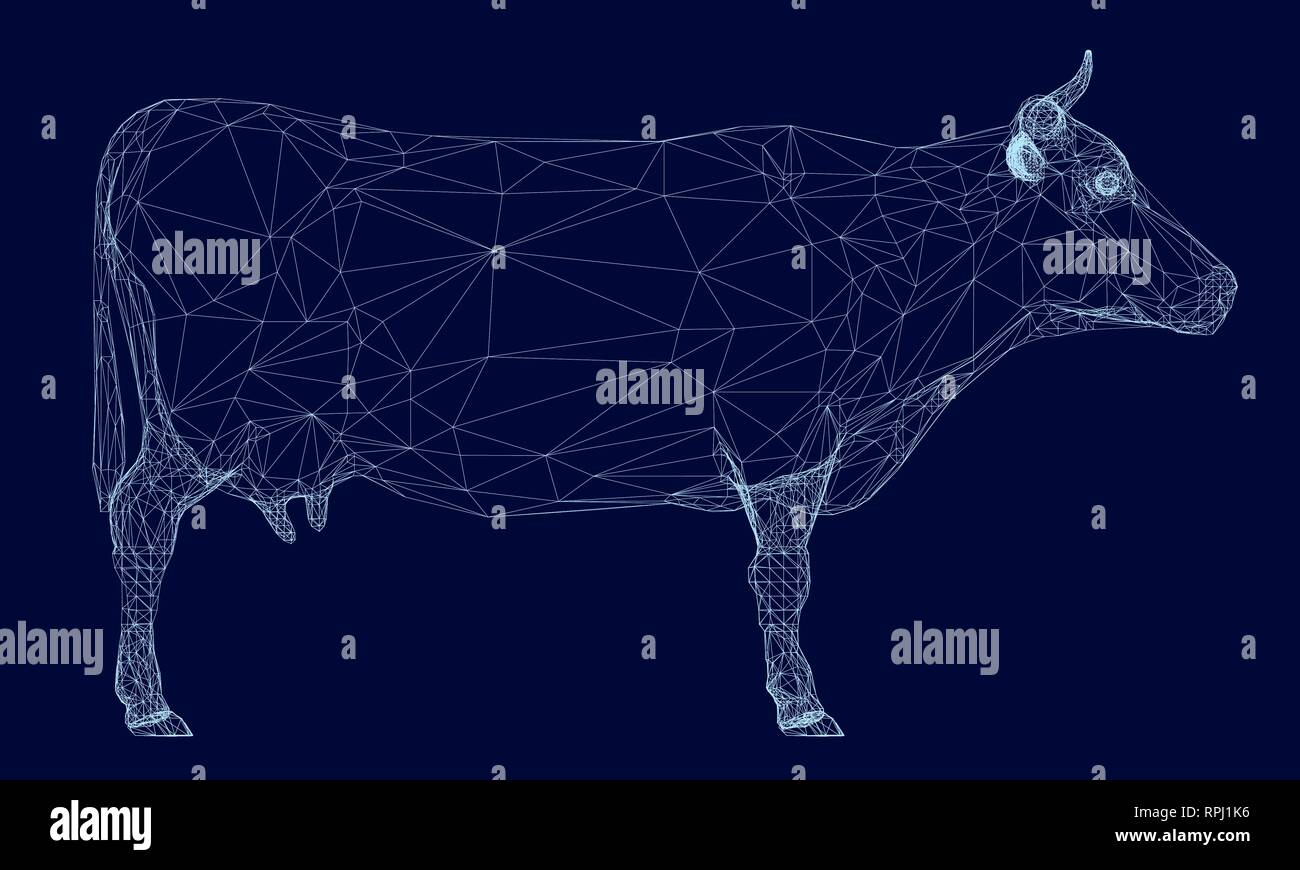 Polygonal cow. Polygonal cow wireframe of blue lines on a dark ...