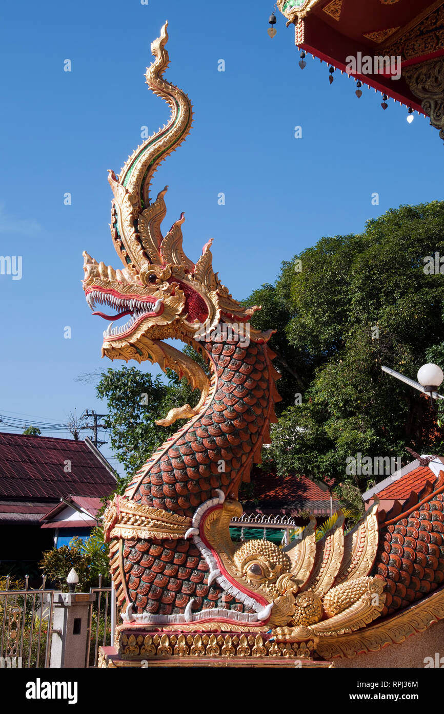 Chiang Rai Thailand, carved naga serpent guardian protecting the ...