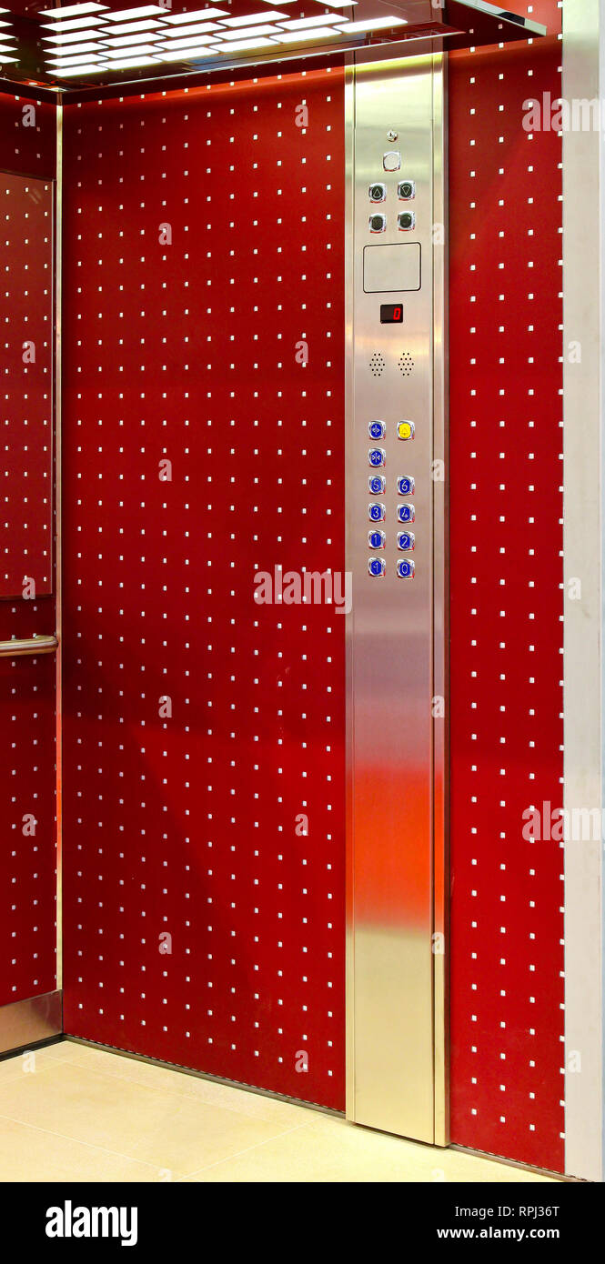 Interior shot of modern red elevator car Stock Photo - Alamy