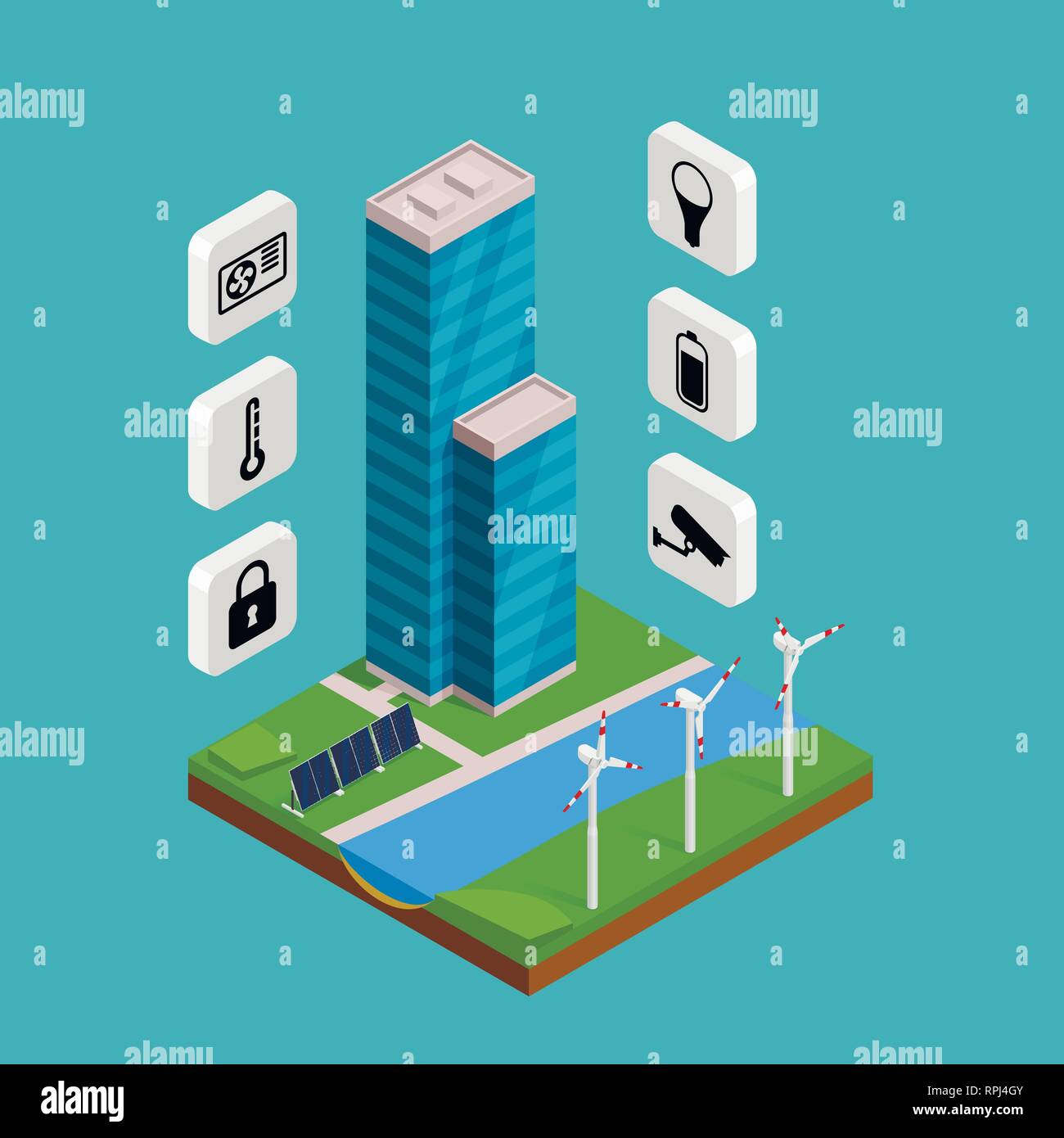 Isometric smart building with outline black icons on smart phone ...