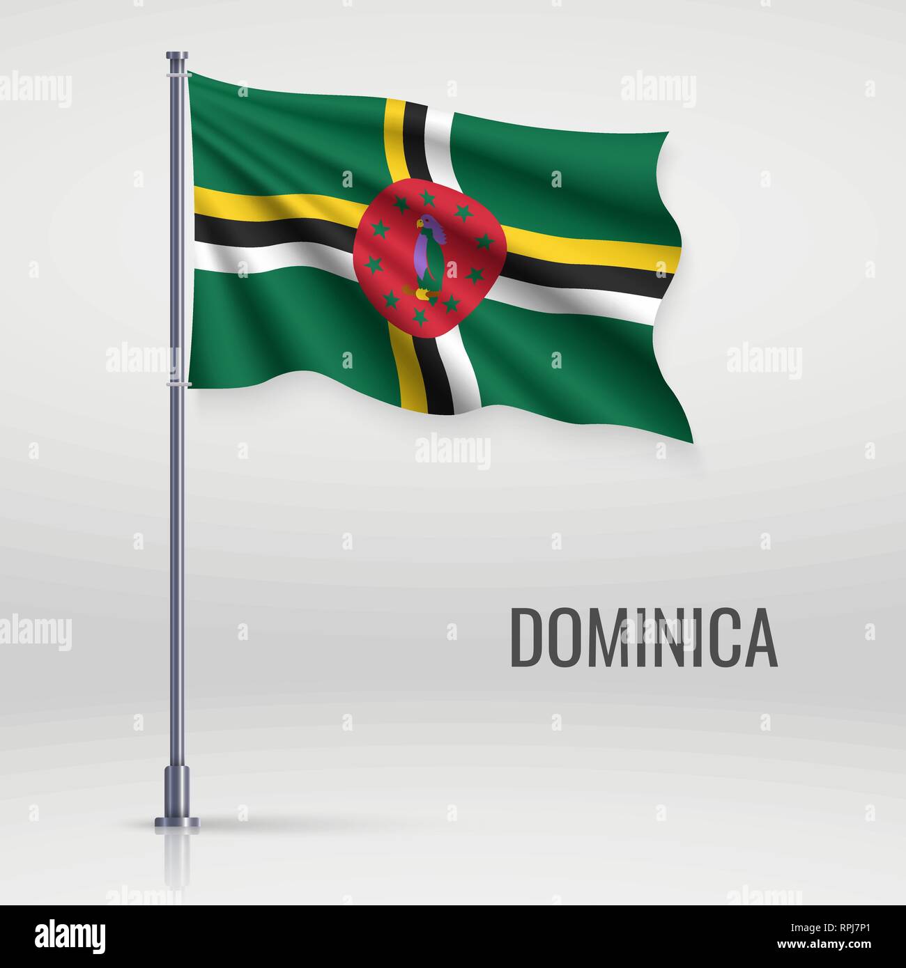 Waving flag of Dominica on flagpole. Template for independence day ...