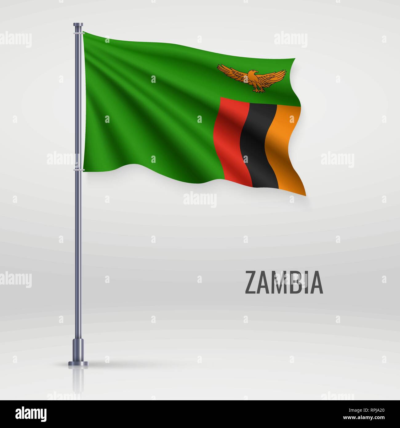 Waving flag of Zambia on flagpole. Template for independence day poster ...
