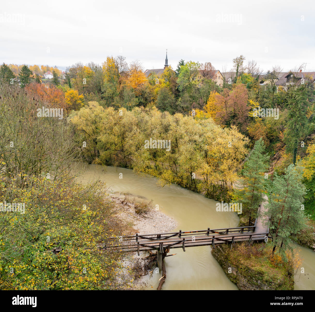 Fall color with the Kokra River, Kanjon Kokre bridge in a cloudy day at ...